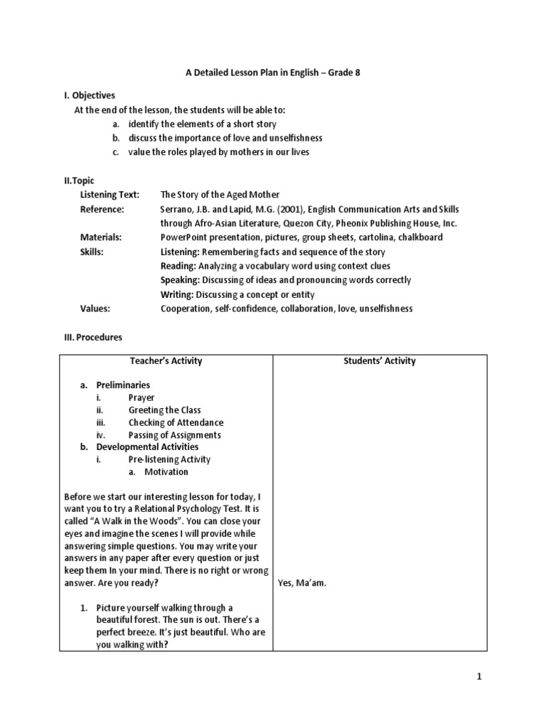 Detailed Lesson Plan: Grade 8 English | PDF | Question | Lesson Plan