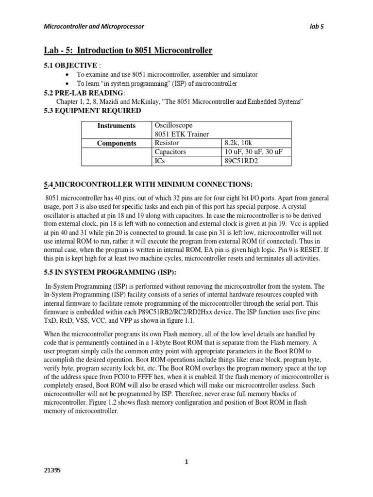 Lab - 5: Introduction To 8051 Microcontroller: 5.1 Objective | PDF | Microcontroller | Flash Memory
