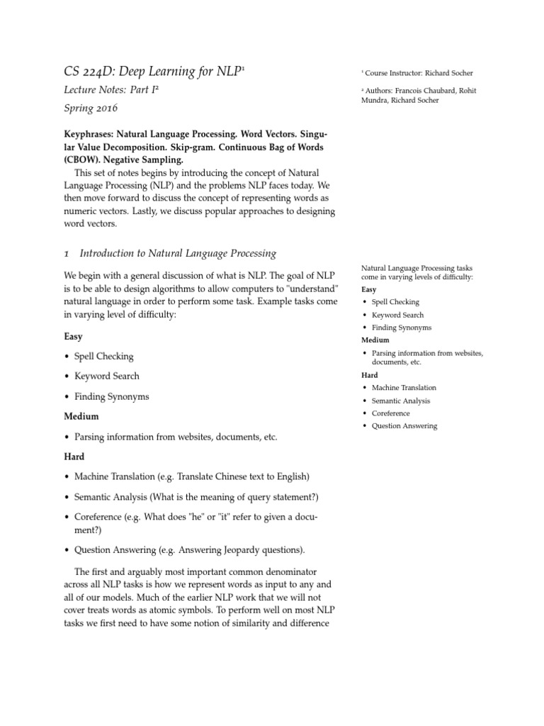 CS 224D: Deep Learning For NLP: Lecture Notes: Part I Spring 2016 | PDF ...
