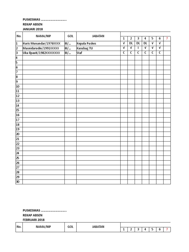 Format Rekap Absen Puskesmas | PDF