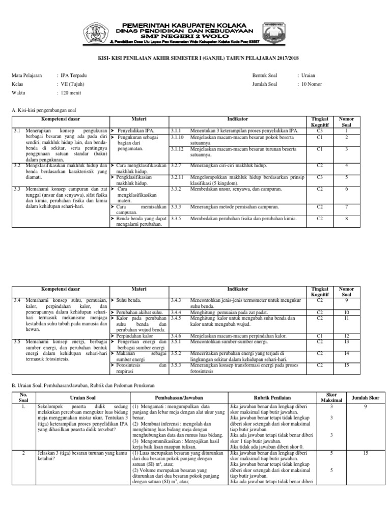 Kisi-Kisi PAS IPA Kelas 7 2017 - 2018 | PDF