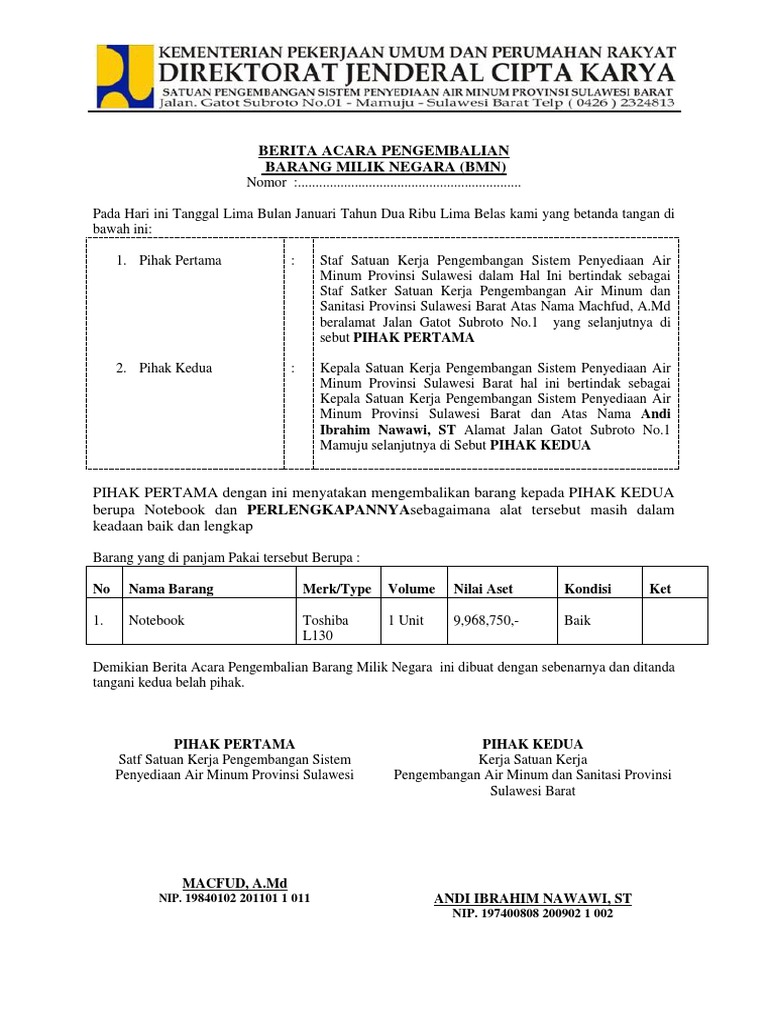 Berita Acara Pengembalian BMN | PDF