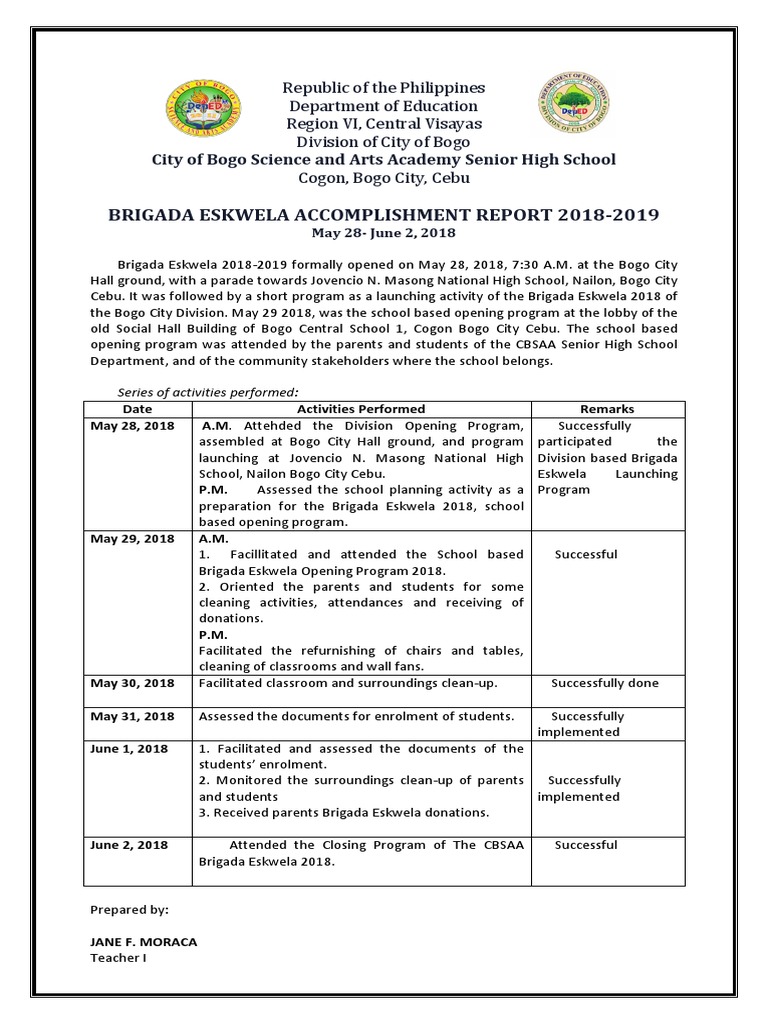 Brigada Eskwela Accomplishment Report | PDF | Learning | Behavior ...