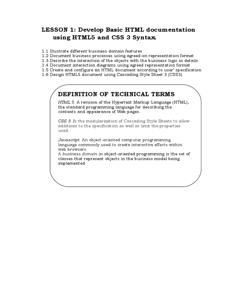 LESSON 1: Develop Basic HTML Documentation Using HTML5 and CSS 3 Syntax ...
