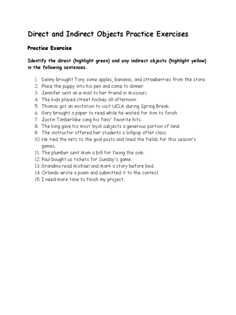 Direct and Indirect Objects Practice Exercises | PDF