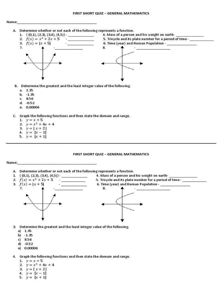 General Mathematics Quiz Functions Domains Ranges | PDF