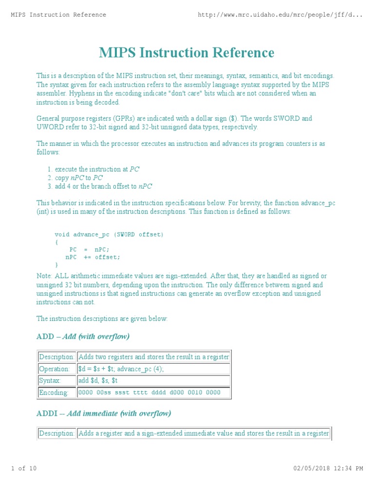 MIPS Instruction Reference | PDF | Assembly Language | Central ... MIPS Instruction Reference | PDF | Assembly Language | Central ...