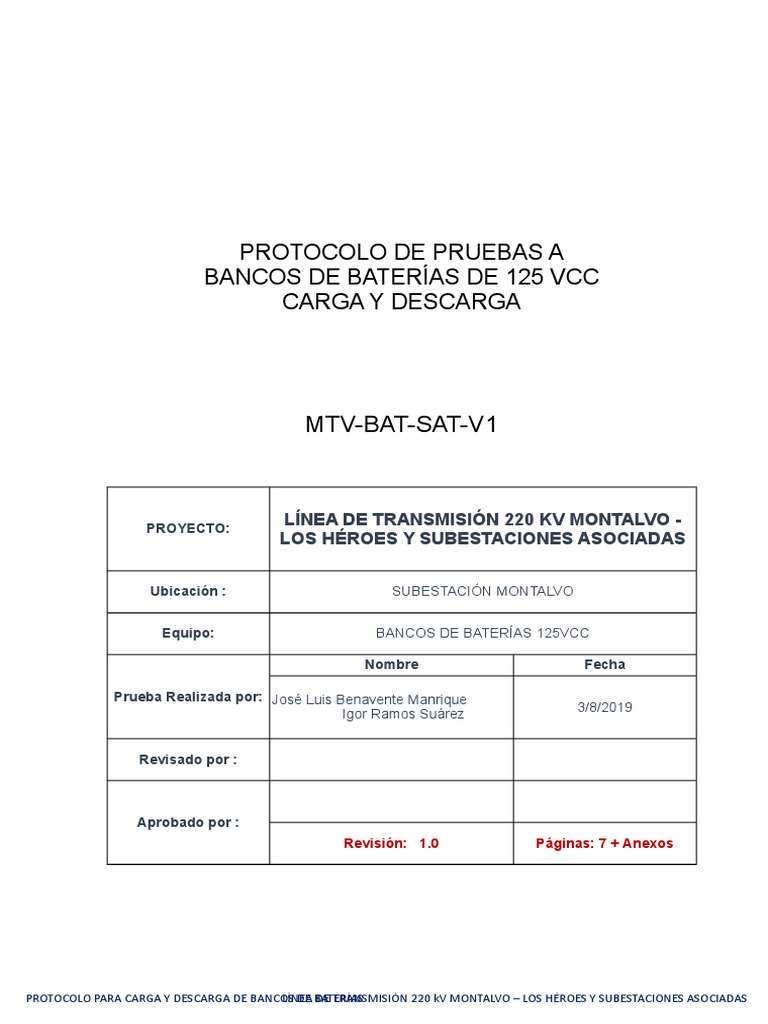 Protocolo - MTV-BAT-SAT-V1 BANCO 1 Y 2 (125Vcc) TACNA | PDF | Almacen de energia | Batería ...