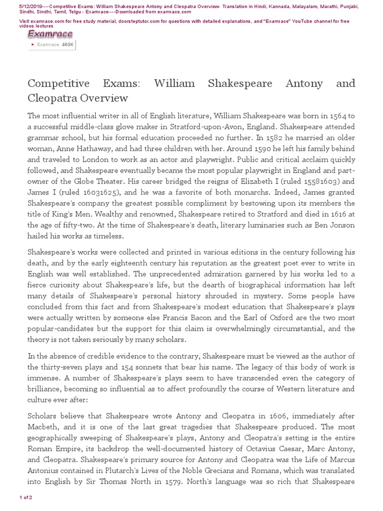 Antony and Cleopatra William Shakespeare Overview | PDF | Julius Caesar ...