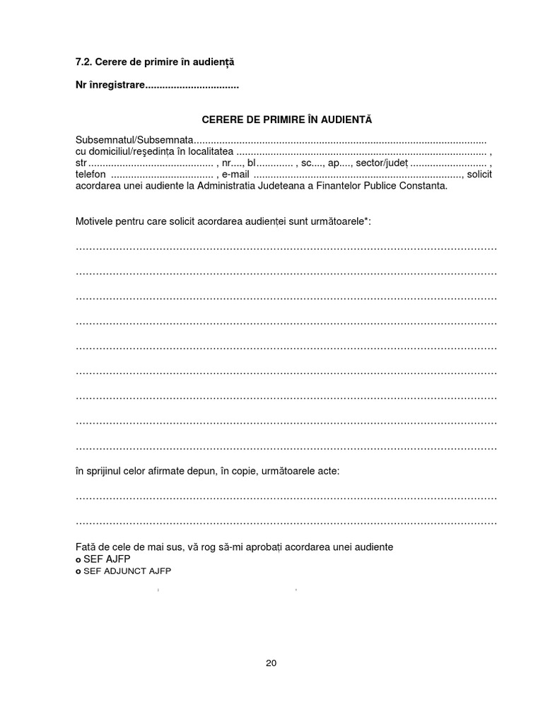 Model Cerere Audienta 2018 AJFP Constanta | PDF