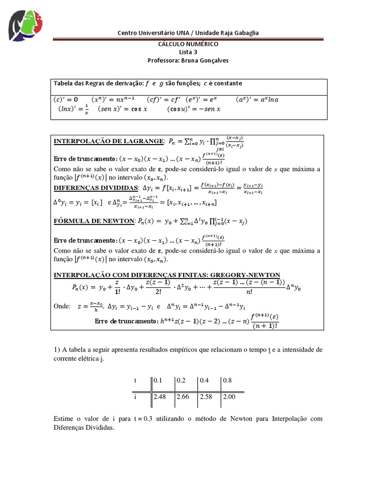 (Dornélio) Exercícios - Interpolação | PDF | Análise numérica | Cálculo