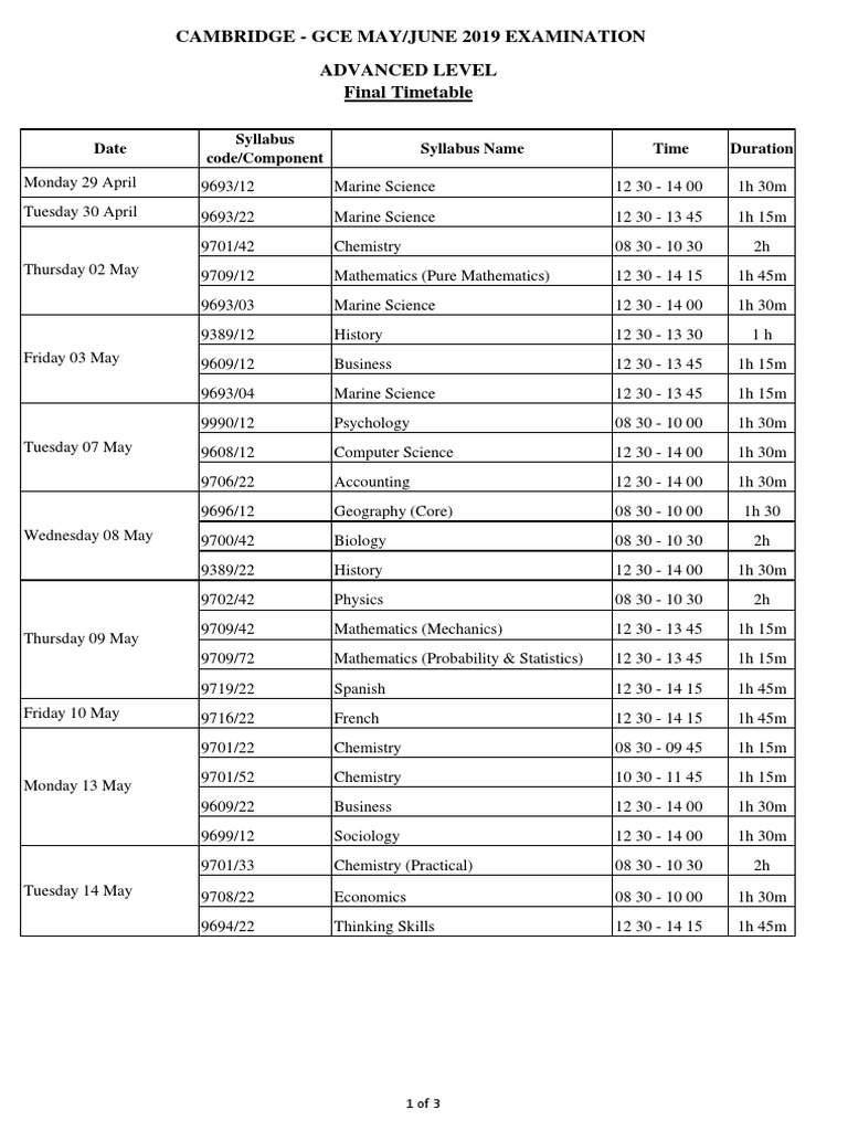 2019mayjune Timetable A Level | PDF | Teaching Mathematics | Science