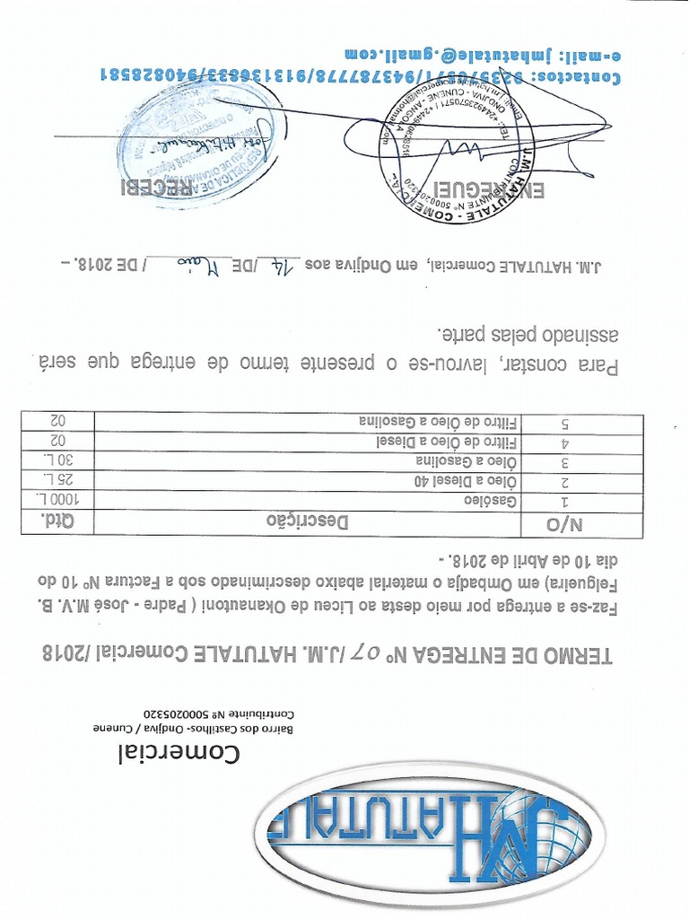 Modelo de uma nota de entrega