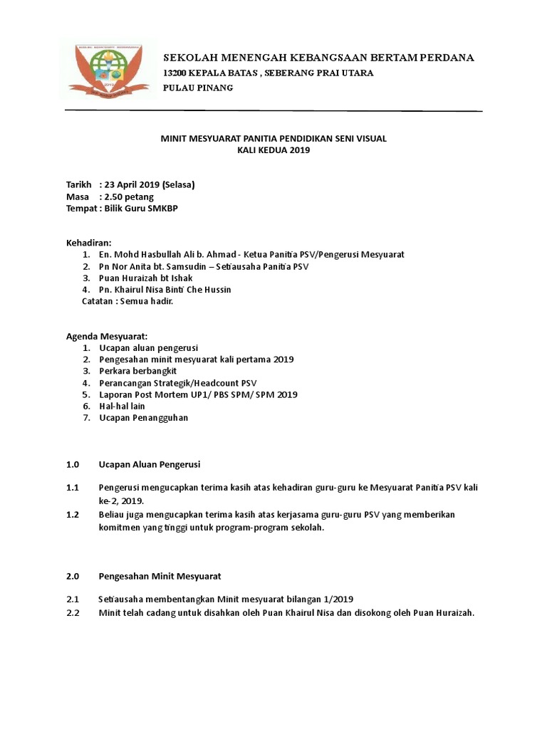 Minit Mesyuarat 2 Panitia PSV 2019 | PDF