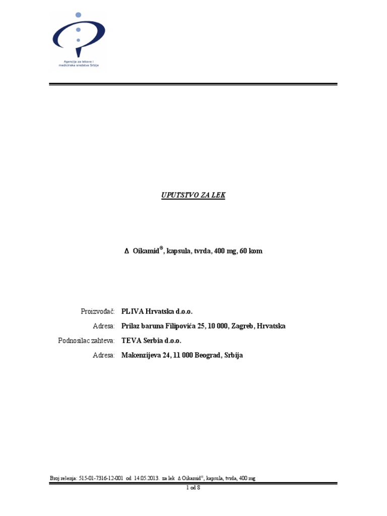 Uputstvo Za Lek: Oikamid, Kapsula, Tvrda, 400 MG, 60 Kom | PDF
