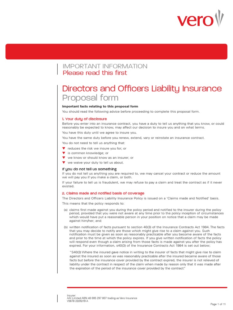 Directors and Officers Liability Insurance: Proposal Form | PDF ...