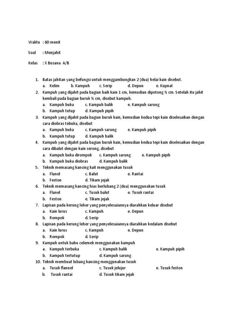 Soal Menjahit Kelas X Busana | PDF | Griya & Taman