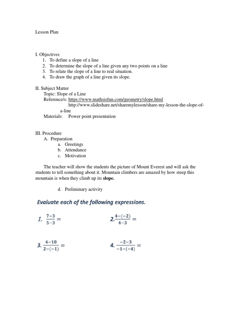 Lesson Plan in Slope of A Line | PDF | Slope | Teaching Mathematics