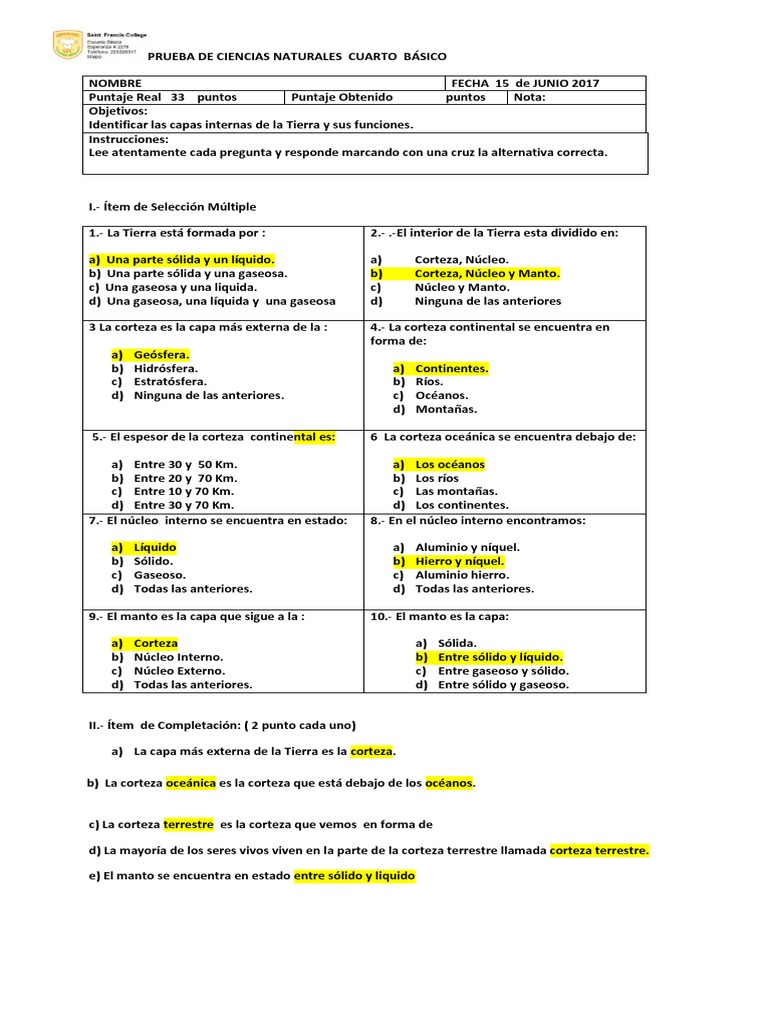PRUEBA y RESPUESTAS Capas de La Tierra de Ciencias Naturales | PDF ...