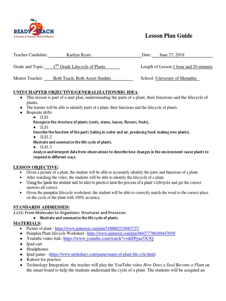 1st Grade Plant Lifecycle Lesson Plan | PDF | Life Cycle Assessment ...