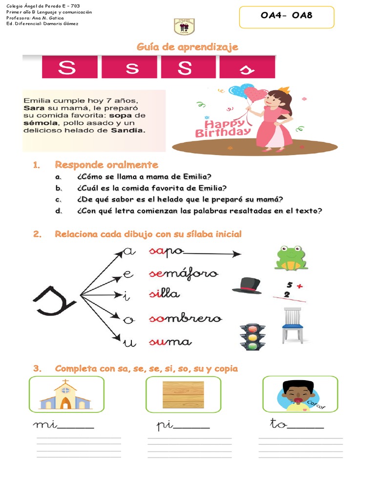 Guía de Aprendizaje Letra S | PDF