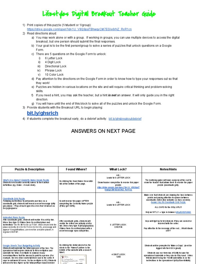 Lifestyles Digital Breakout-Cheat Sheet For Teachers Included | PDF ...