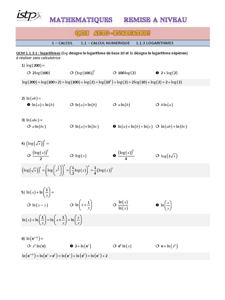 QCM 1131 Logarithmes Corr | PDF | Logarithme | Relations mathématiques