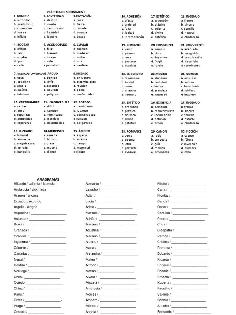 Práctica de Sinónimos II | PDF | Libros para adolescentes