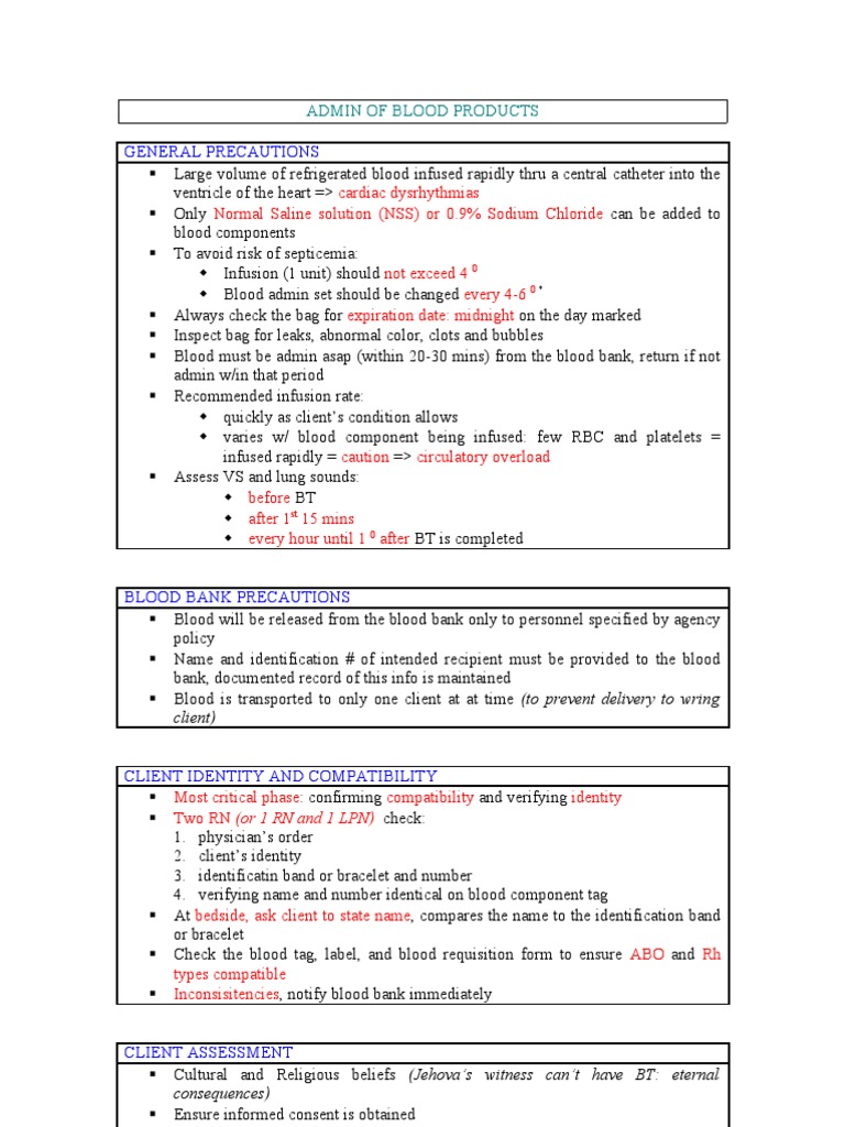 Nclex - Admin of Blood Products | PDF | Intravenous Therapy | Blood Type