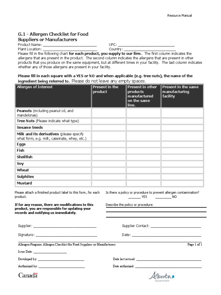 G.1 Allergen Checklist For Food Suppliers or Manufacturers | PDF ...
