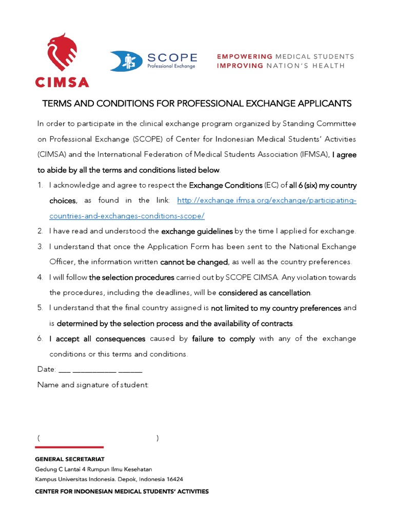 SCOPE CIMSA Exchange Applicant Terms and Conditions 2020-2021 | PDF
