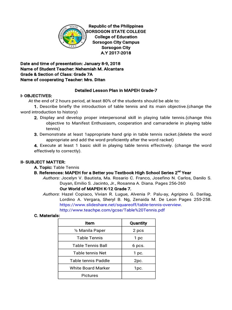 Grade 7 Table Tennis Lesson Plan | PDF