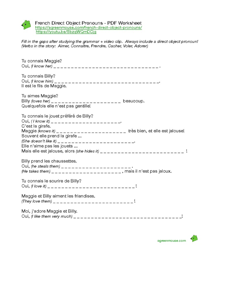 French Direct Object Pronouns PDF Worksheet | PDF