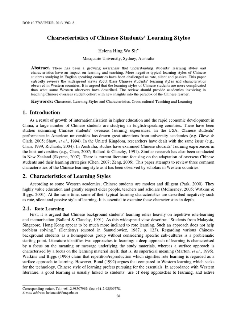 Characteristics of Chinese Students' Learning Styles | PDF | Learning ...