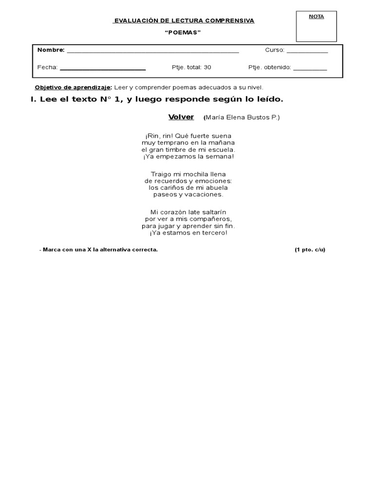 Prueba Comprension de Poemas Tercero | PDF