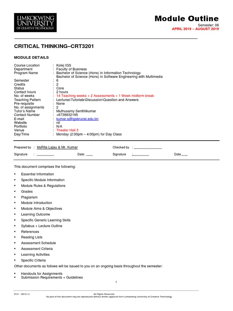 CRT3201 Critical Thinking (APR 2019 - AUG 2019) - Module Outline | PDF ...