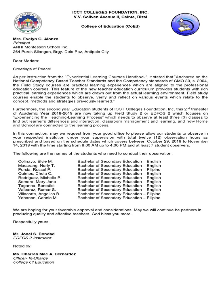 Icct Colleges Foundation Edfos Letter | PDF | Teachers | Learning