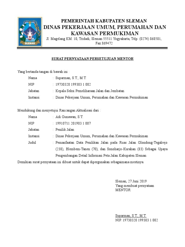 Surat Persetujuan Mentor Aktualisasi | PDF