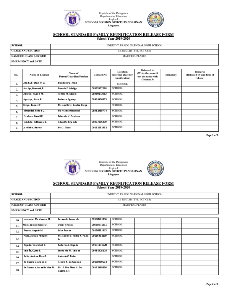 Family Reunification Form 2019-2020 | PDF