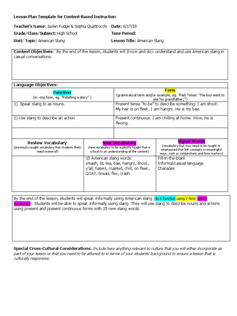 Cbi Lesson Plan Template 1 | PDF | Slang | Vocabulary
