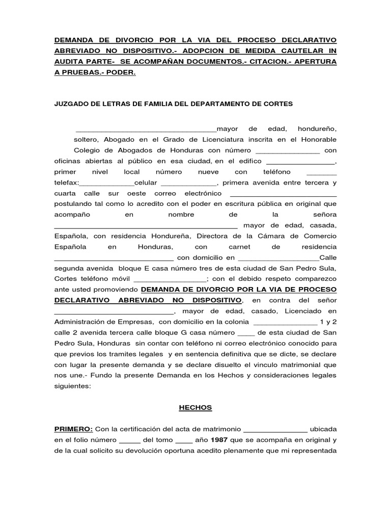 Demanda De Divorcio Por Mutuo Consentimiento Divorcio Ley Procesal