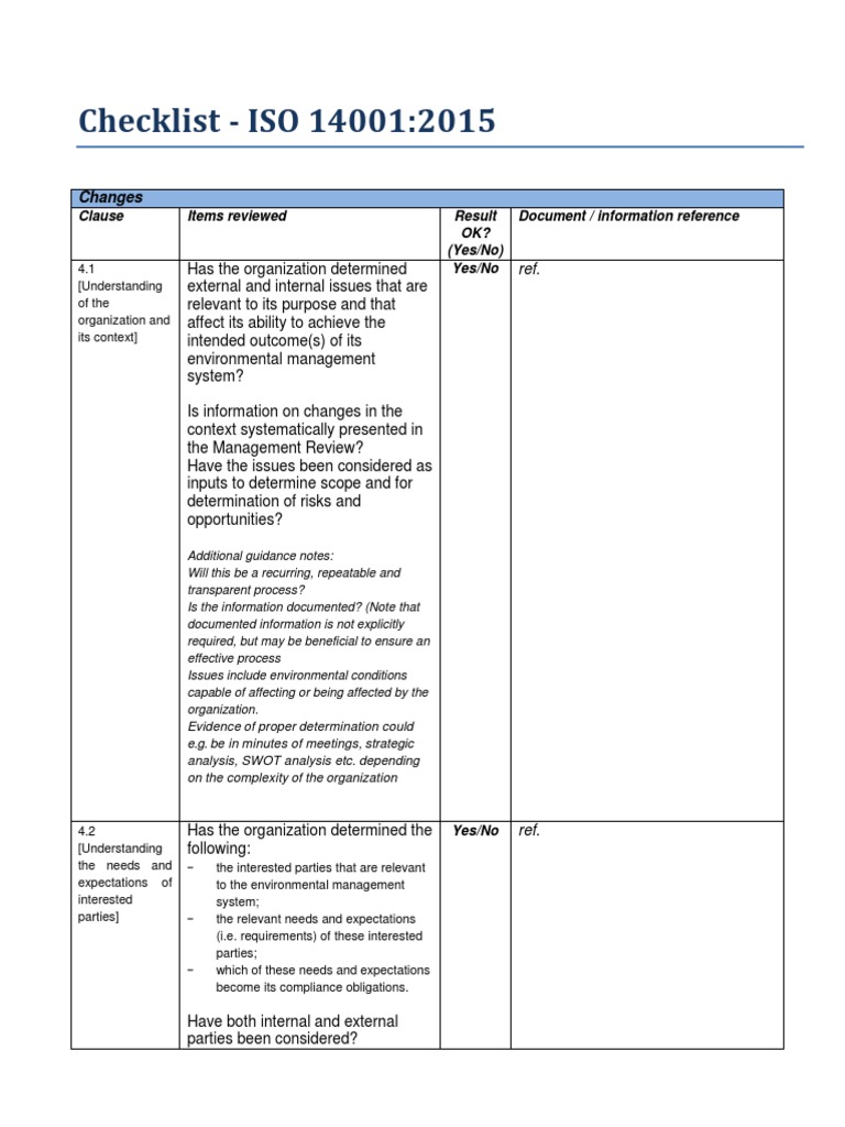 Checklist - ISO 14001 - 2015 | PDF | Evaluation | Environmental Policy