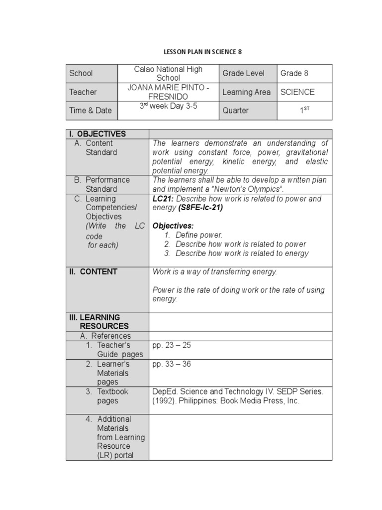 Grade 8 LP On Work and Energy | PDF | Potential Energy | Kinetic Energy