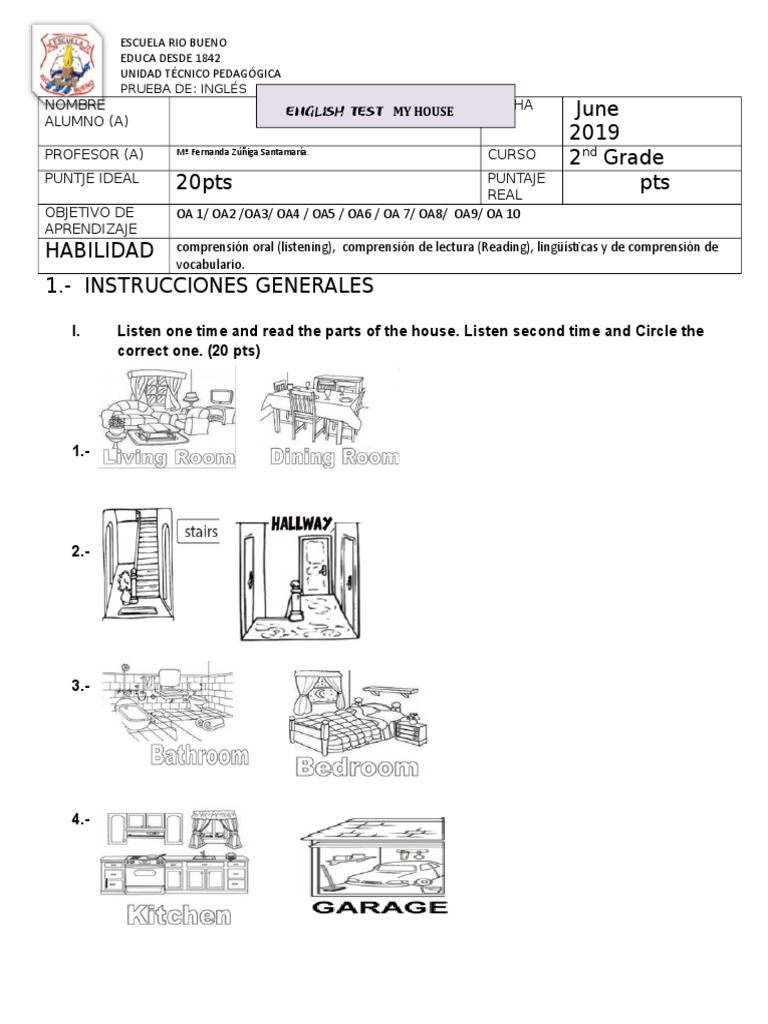 Prueba de Inglés: Partes de la Casa | PDF