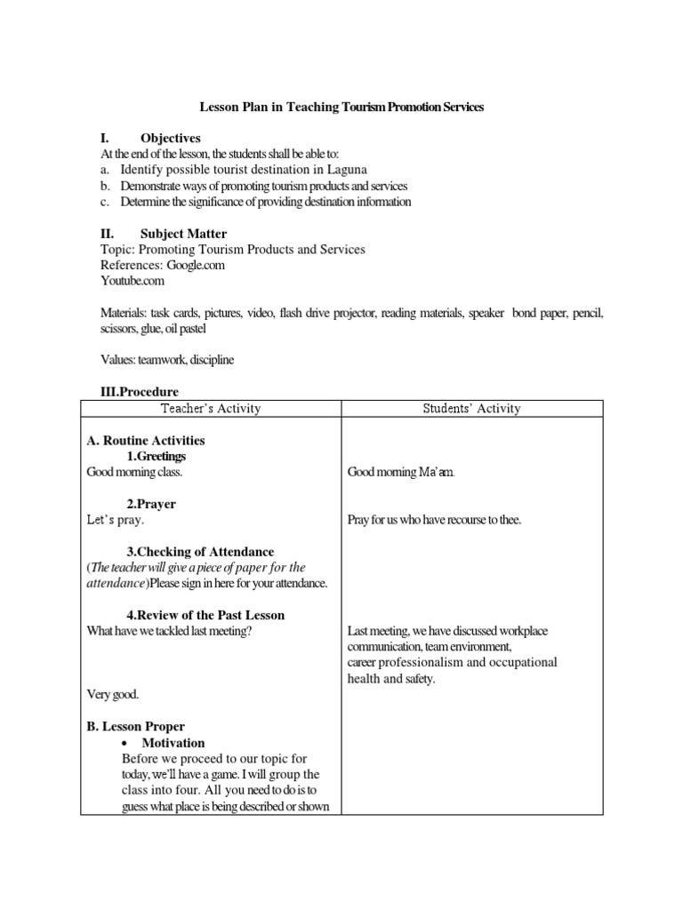 Lesson Plan in TeachingTourism Promotion Services | PDF | Tourism ...