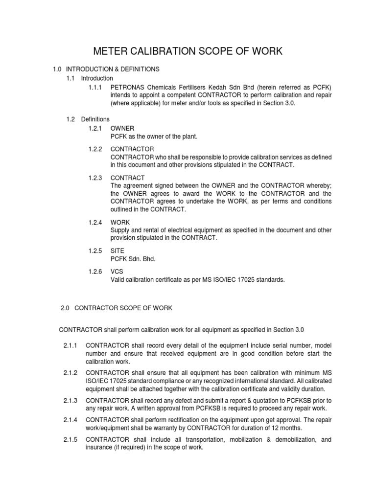 Meter Calibration Scope of Work | PDF | Calibration | General Contractor