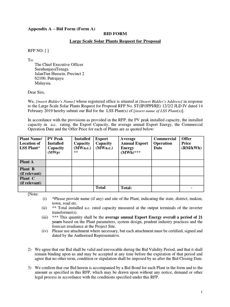 Appendix A - Bid Form | PDF | Request For Proposal | Government