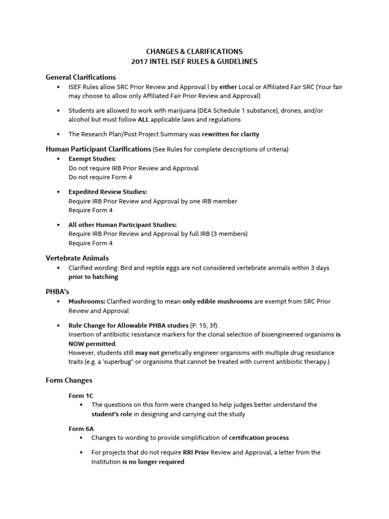 Changes & Clarifications 2017 Intel Isef Rules & Guidelines General ...