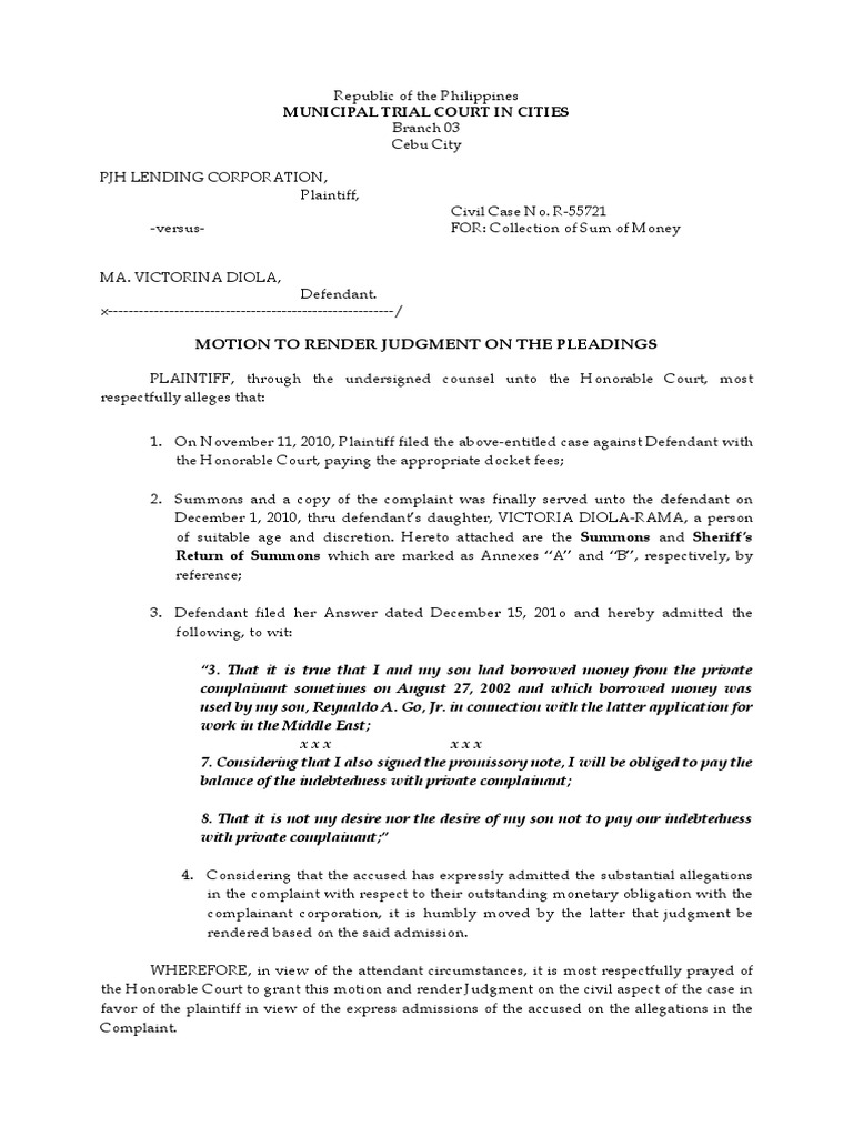 Motion To Render Judgment On The Pleadings: Municipal Trial Court in ...