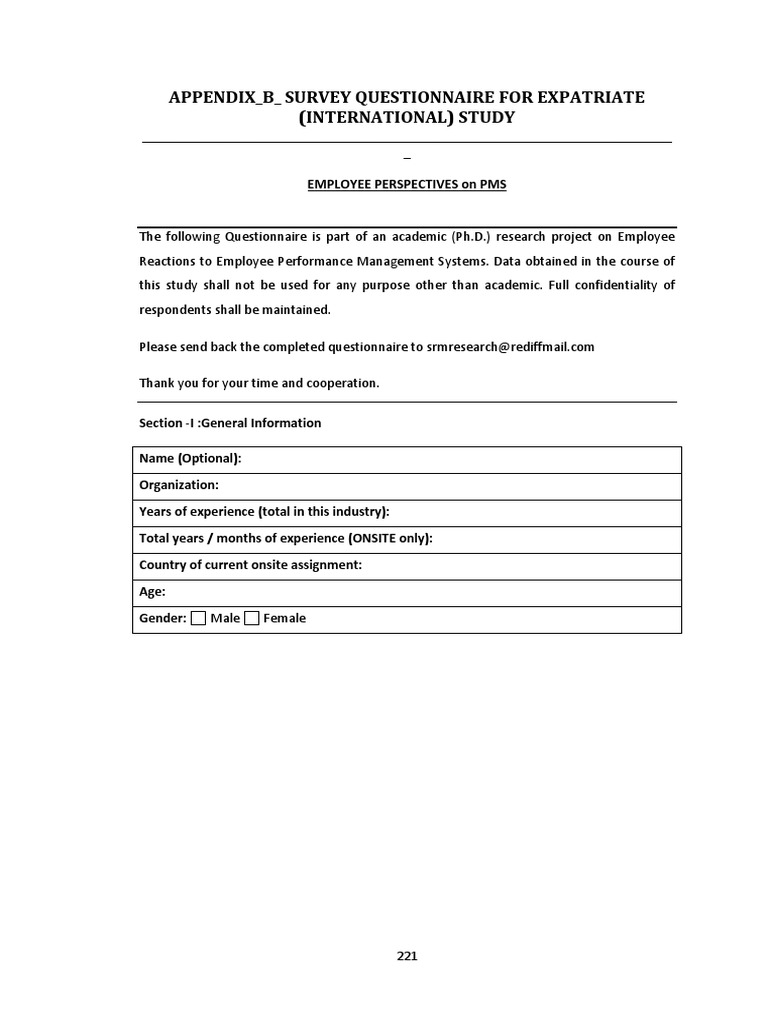 Appendix - B - Survey Questionnaire For Expatriate (International ...